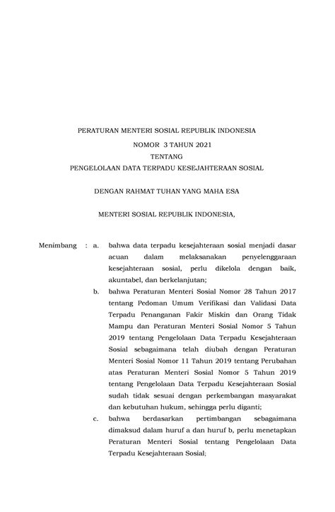 Permensos Nomor 3 Tahun 2021 Peraturan Menteri Sosial Republik