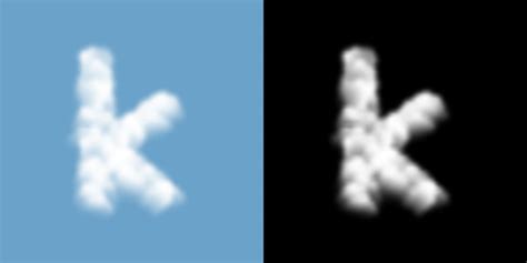 알파벳 소문자 세트 문자 K 구름 또는 연기 패턴 투명 한 그림 고립 된 파란 하늘 배경에 떠 있는 불투명 마스크 벡터 Eps