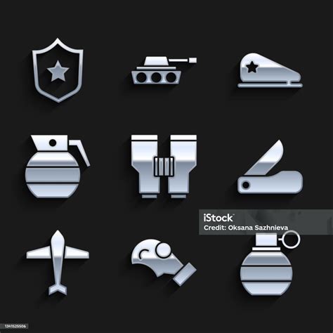 쌍안경 방독면 수류탄 스위스 군용 칼 제트 전투기 군사 베레모 및 보상 메달 아이콘을 설정합니다 벡터 검은색에 대한 스톡 벡터 아트 및 기타 이미지 Istock