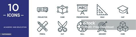학술 및 교육 개요 아이콘 세트에는 얇은 선 프로젝터 프리젠 테이션 캡 컷 양궁 큐브 보고서 프리젠 테이션 다이어그램 웹 디자인