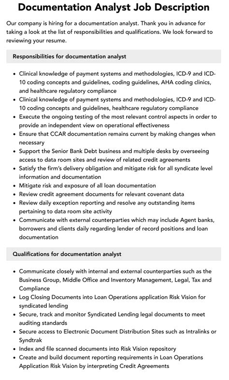 Documentation Analyst Job Description Velvet Jobs