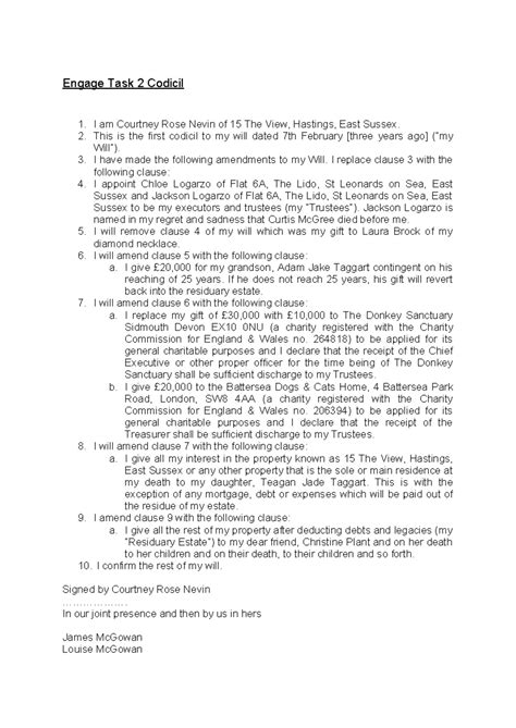 Example Of A Codicil Engage Task 2 Codicil 1 I Am Courtney Rose Nevin Of 15 The View