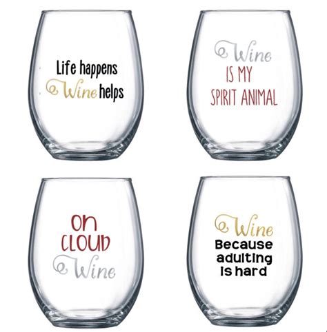 Set Of 4 Stemless Wine Glasses With Funnycute Sayings Etsy