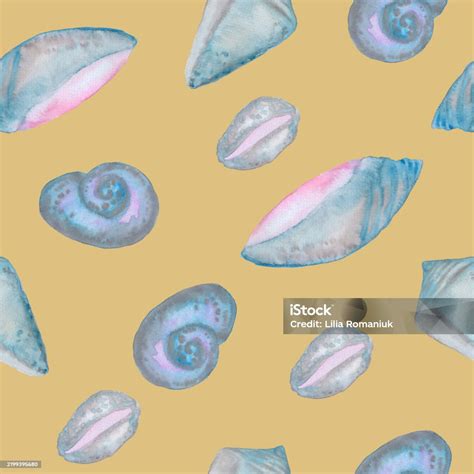 바다 조개 완벽 한 패턴은 베이지 색 배경 수채화 일러스트 베이스에 고립되어 섬유 디자인 스티커 카드 배너에 대 한 합니다