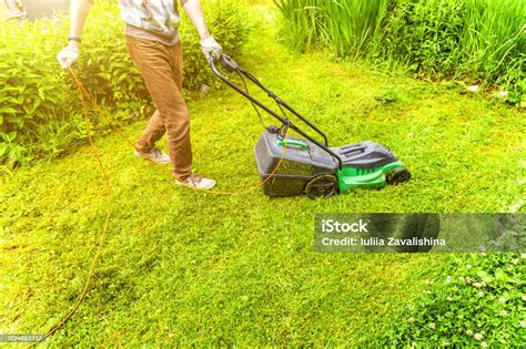 Pria Memotong Rumput Hijau Dengan Mesin Pemotong Rumput Di Halaman Belakang Latar Belakang Gaya
