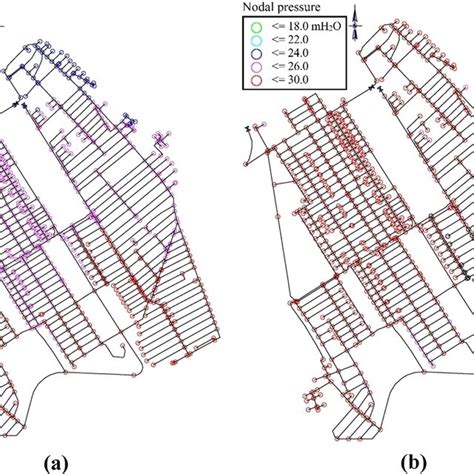Nodal Pressure In Average Water Demand A And Peak Hourly Demand B