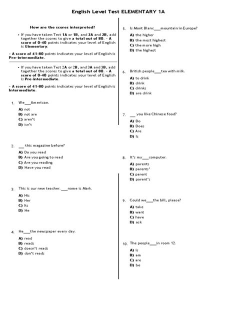 English Level Test Elementary 1a Pdf