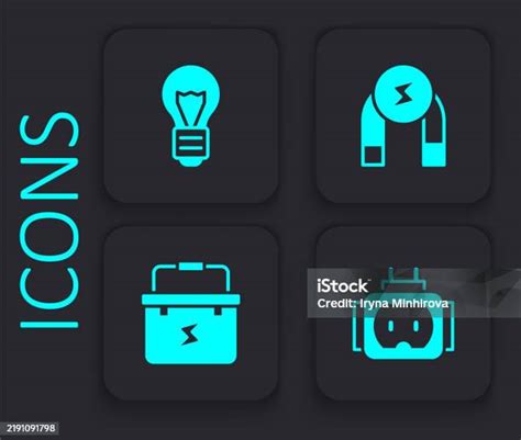 티 플러그 전기 크리 에이 티브 램프 조명 아이디어 자석 및 도구 상자 전기 아이콘을 설정합니다 검은색 사각형 버튼입니다 벡터 개념에 대한 스톡 벡터 아트 및 기타 이미지