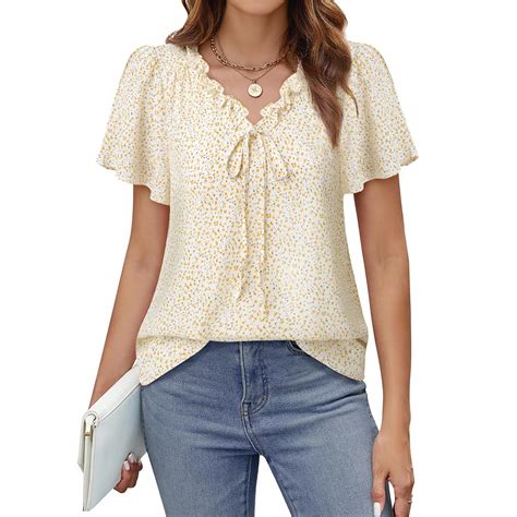 Youtalia Womens Summer V Neck Shirt Short Sleeve Casual Dressy Blouses