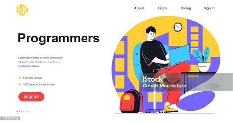 웹 배너 개념을 작동하는 프로그래머 남자는 사무실 직장에서 노트북에서 작동 소프트웨어 코드 및 테스트 프로그램 방문 페이지 템플릿을 만듭니다 플랫 디자인의 인물 장면과 벡터