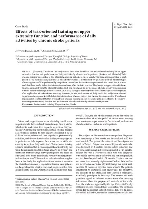 Pdf Effects Of Task Oriented Training On Upper Extremity Function And Performance Of Daily