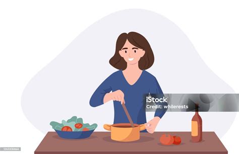부엌 테이블에서 요리 하는 미소 여자 아내는 수프를 요리하고 숟가락으로 맛을 냅니다 저녁 식사를 위한 수제 식사를 준비하는 벡터