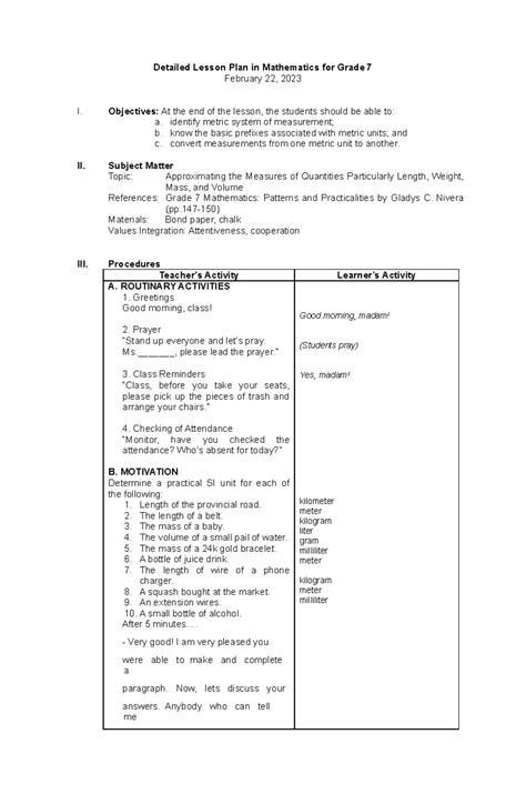Detailed Lesson Plan The Addition And Subtraction Of Polynomial