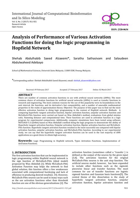 Pdf Analysis Of Performance Of Various Activation Functions For Doing The Logic Programming In