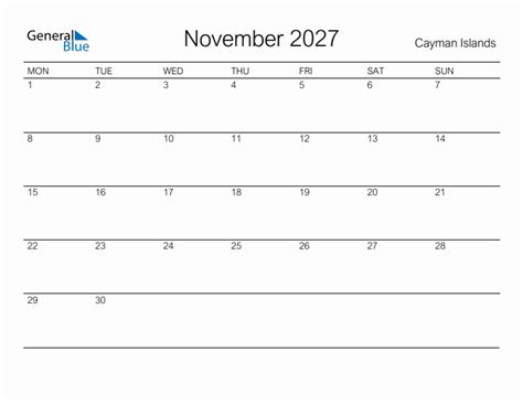 Printable November 2027 Monthly Calendar With Holidays For Cayman