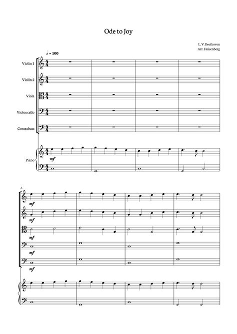 Ode To Joy For String Quintet With Piano Arr Heisenberg Sheet Music Beethoven String