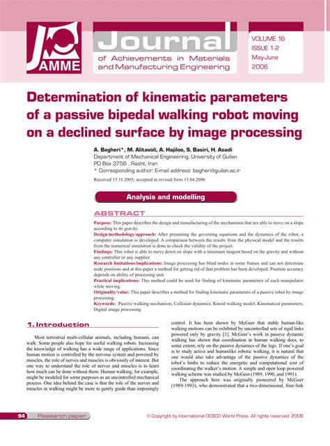 Pdf Determination Of Kinematic Parameters Of A Passive Bipedal Walking Robot Moving On A