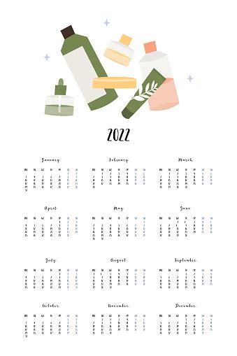수직 달력 2022 12 개월 매주 월요일부터 시작됩니다 이벤트 플래너 주최자 일정 페이지 디자인 주간 시간표 욕실 액세서리 목욕 용품 세면도구 벡터 플랫 만화