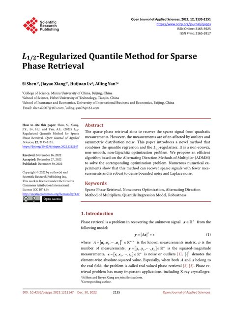 Pdf L 1 2 Regularized Quantile Method For Sparse Phase Retrieval