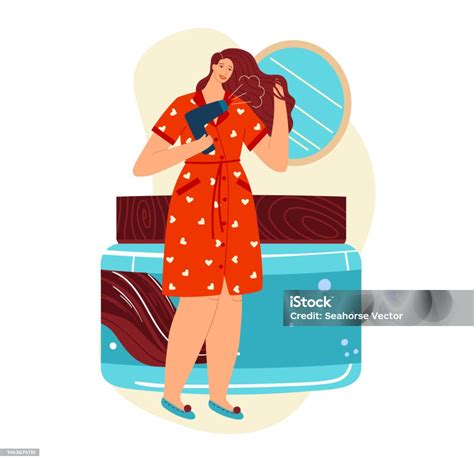 거울 벡터 일러스트 레이 션 근처의 여성 뷰티 케어 헤어 드라이어와 큰 크림 항아리로 마른 머리 소녀 사람 캐릭터 개념에 대한 스톡 벡터 아트 및 기타 이미지 Istock