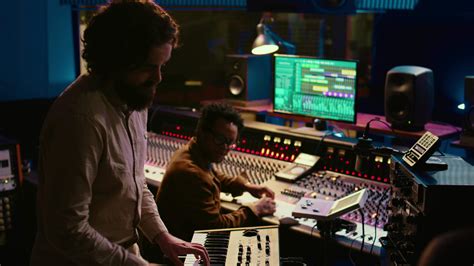 Musician Artist Playing Midi Controller Synthesizer In Recording Music