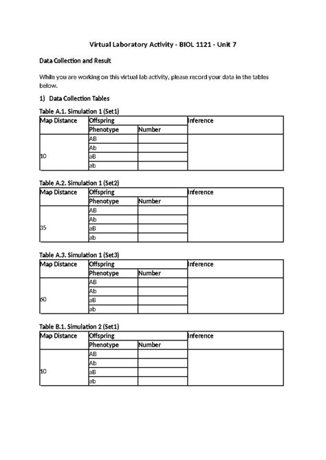 Experiment 5 Data And Result Virtual Laboratory Activity Biol 1121 Unit 7 Data Collection