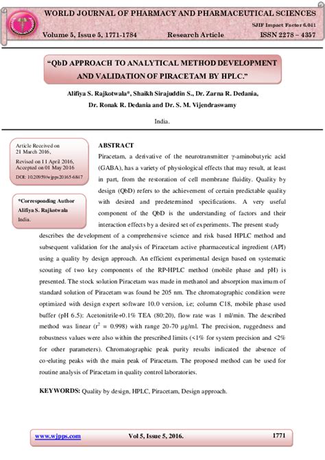 Pdf “qbd Approach To Analytical Method Development And Validation Of Piracetam By Hplc ”