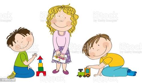 행복 한 유치원 아이 들 함께 노는 어린 소년 벽돌 건물 바닥에 무릎을 꿇 곱슬 머리를 가진 귀여운 소녀는 서 사진을 들고 고 웃는 소년 츄 츄 기차 놀고 있다 3 명에