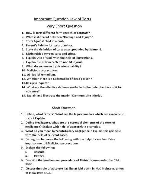 Important Question Law Of Torts Llb 1 Download Free Pdf Tort Defamation