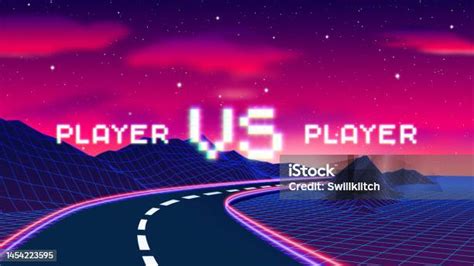 아케이드 게임 스타일로 신스 웨이브 풍경 위에 픽셀 문자가있는 기호와 비교하십시오 경쟁 포스터를위한 80 년대 스타일의 Vs 엠블럼 복고풍에 대한 스톡 벡터 아트 및 기타