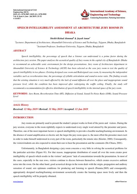 Pdf Speech Intelligibility Assessment At Architecture Jury Rooms In Dhaka