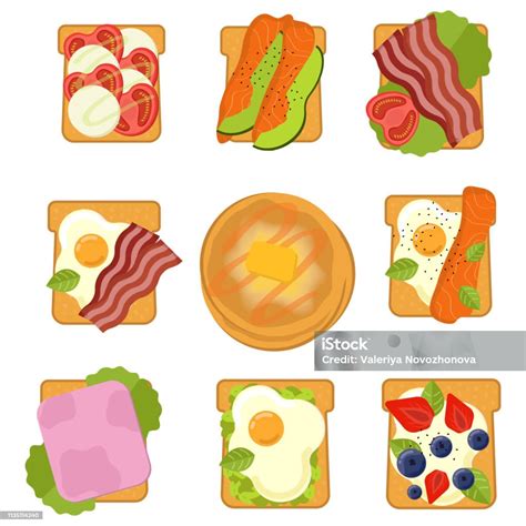 다른 재료와 샌드위치의 집합입니다 아보카도 살라미 치즈 연어 열매 딸기와 토스트 건강 한 음식 팬케이크 연어 해산물에 대한 스톡 벡터 아트 및 기타 이미지 Istock