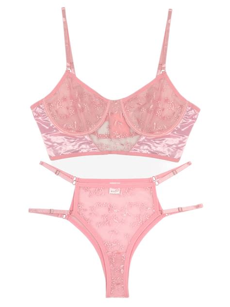Plus Size Sexy Lingerie Set Womens Plus Floral Embroidered Contrast Mesh Bra Thong Medium