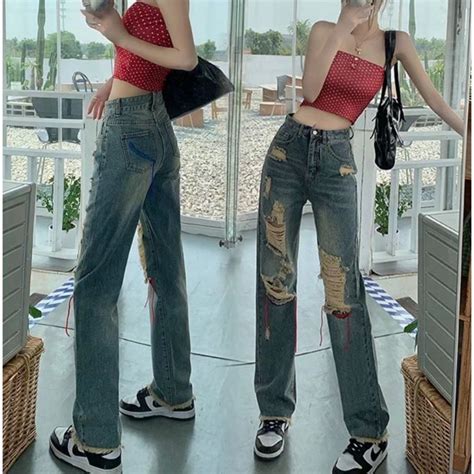 Swan Shop กางเกงยีนส์ขายาวขัดขาดทรงกระบอก ทรงสวย วินเทจ สุดฮิตวัยรุ่นมากๆ Shopee Thailand