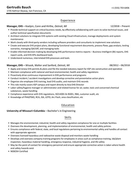 Manager Ehs Resume Samples Velvet Jobs