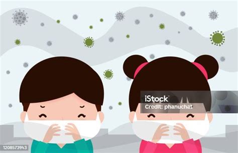 미세먼지 때문에 마스크를 쓴 아이들 Pm 25 스모그에 맞서 마스크를 쓰고 있는 소년과 소녀 미세먼지 대기오염 산업스모그 보호 개념 플랫 스타일 디자인 벡터 일러스트 감정에