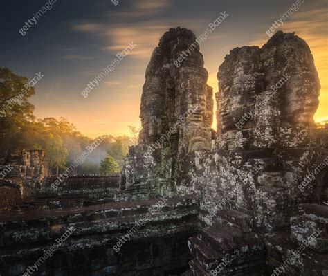 Sunrise View Of Ancient Temple Bayon Angkor With Stone Faces Siem Reap
