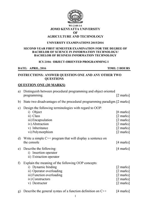 Ics 2104 Object Oriented Programming I W1 2 60 1 Jomo Kenyatta University Of Agriculture And