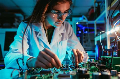 Laboratory Photo Of Female Electronic Engineer Testing A Computer Motherboard Premium AI
