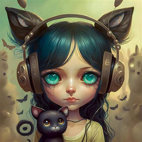 Jolie Fille Brune Kawaii Anime Portant Des écouteurs Avec Des Oreilles