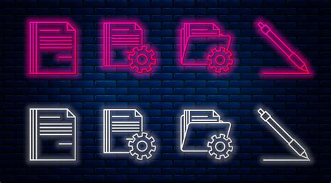 기어 기어가 있는 폴더 설정 파일 문서 및 펜 줄로 줄 문서 설정을 설정합니다 벽돌 벽에 빛나는 네온 아이콘 벡터 건강 검진에
