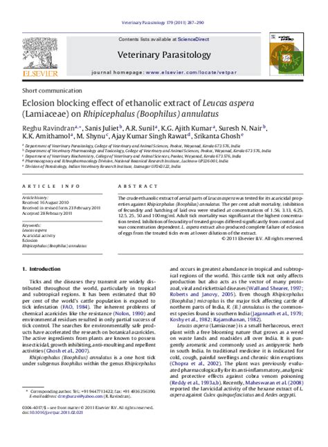 Pdf Eclosion Blocking Effect Of Ethanolic Extract Of Leucas Aspera Lamiaceae On