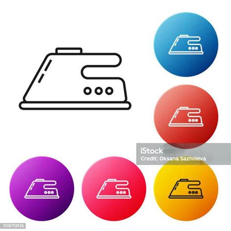 흰색 배경에 격리 된 검은 선 전기 철 아이콘입니다 스팀 다리미 아이콘 다채로운 원 버튼을 설정합니다 벡터 일러스트레이션 가사 집안일에 대한 스톡 벡터 아트 및 기타 이미지