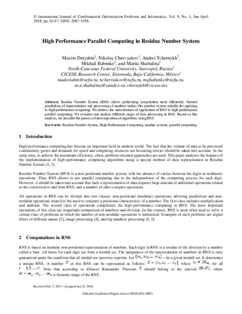 pdf high performance parallel computing in residue number system