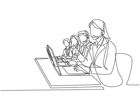 One Continuous Line Drawing Group Of Male And Female Call Center Team