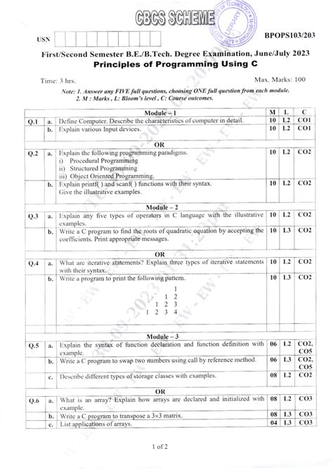 Bpops 103 203 Junejuly 2023 Principles Of Programming Using C O D