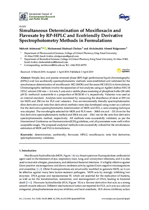 Pdf Simultaneous Determination Of Moxifloxacin And Cefixime By First And Ratio First