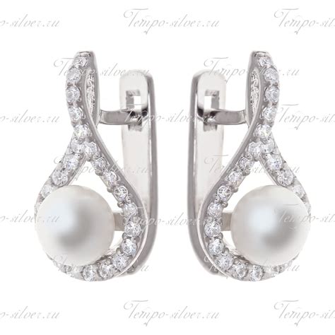 Серьги-клипсы из серебра с жемчугом на удлиненной каплевидной ушке ...