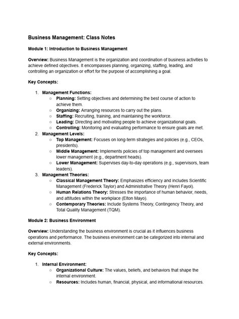 Business Management Class Notes Pdf Strategic Management Marketing