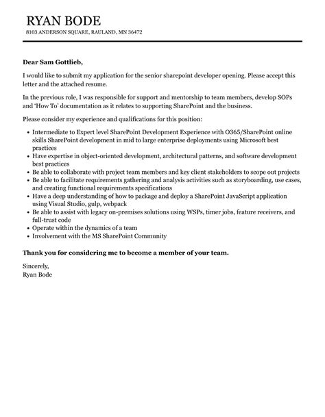 Senior Sharepoint Developer Cover Letter Velvet Jobs